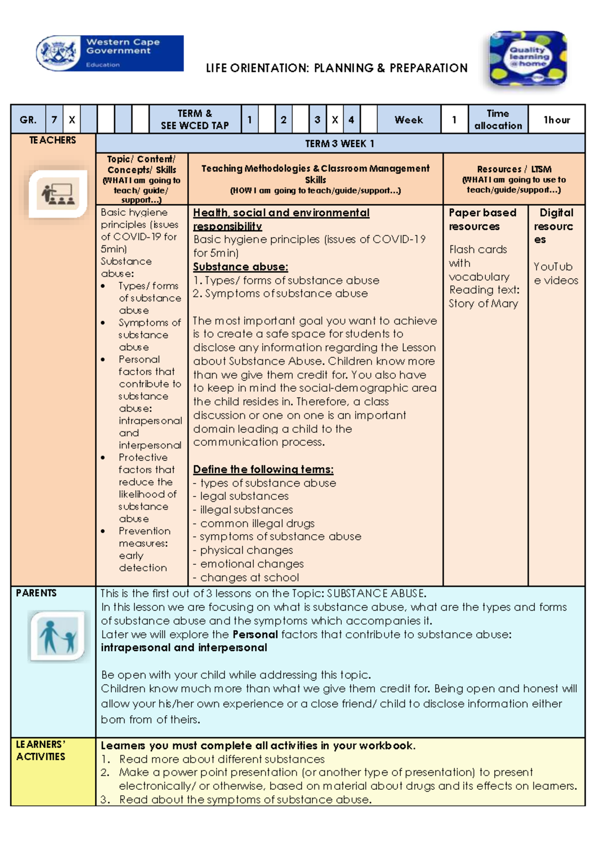 Lesson Plan Gr. 7 Life Orientation: Substance Abuse Focus T3 W1 - Studocu