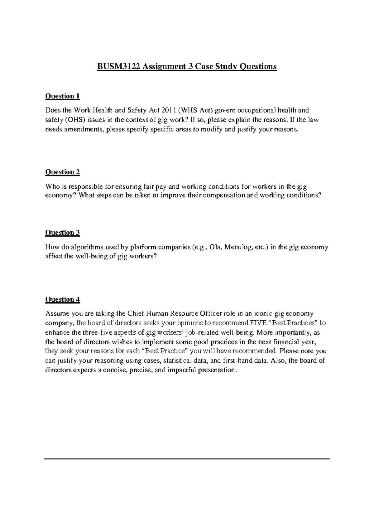 BUSM3122 Assignment 3 Gig work and wellbeing Questions - BUSM3122 ...