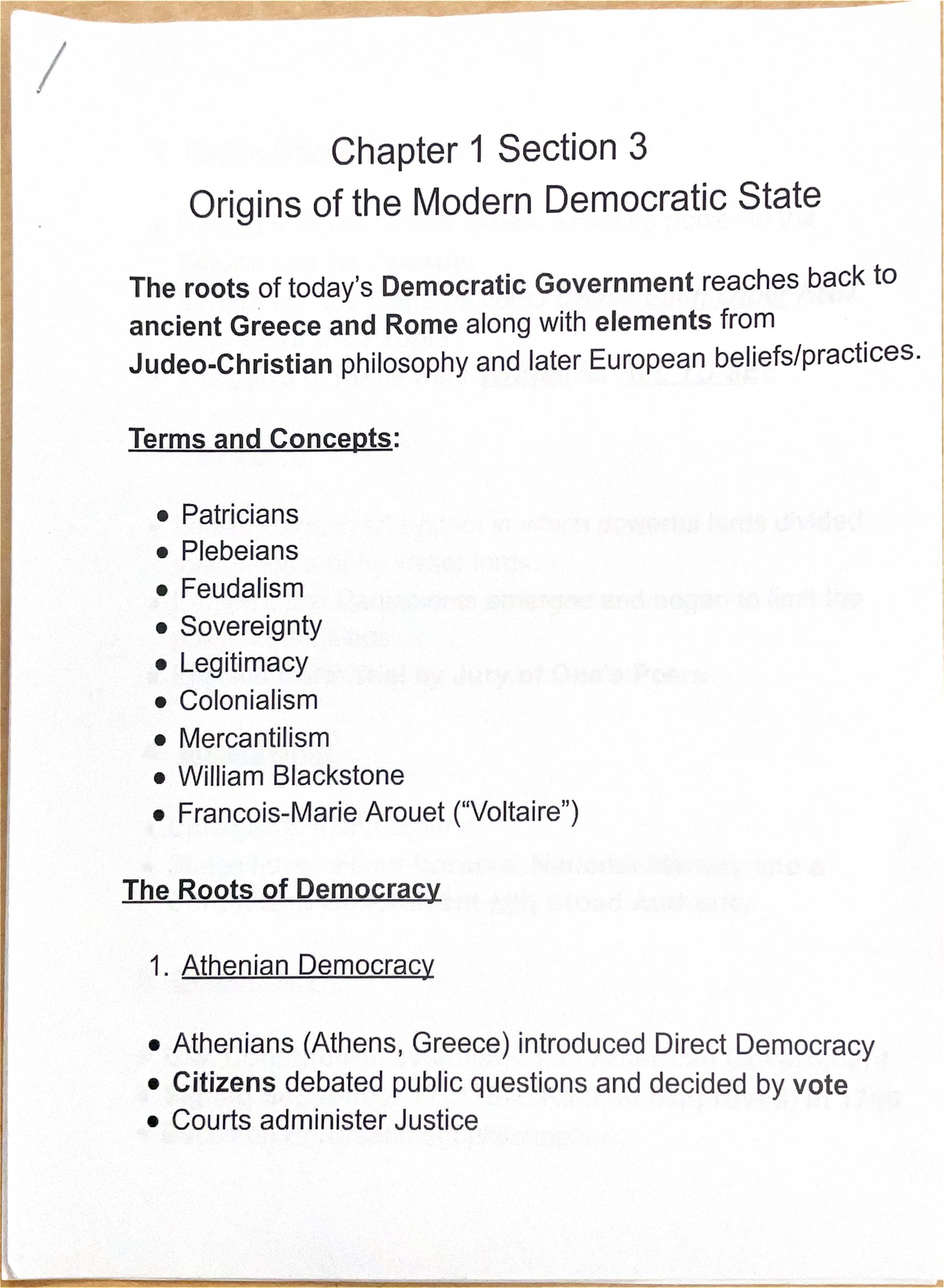Ch. 1 Sec. 3: Origins of the Modern Democratic State - Studocu