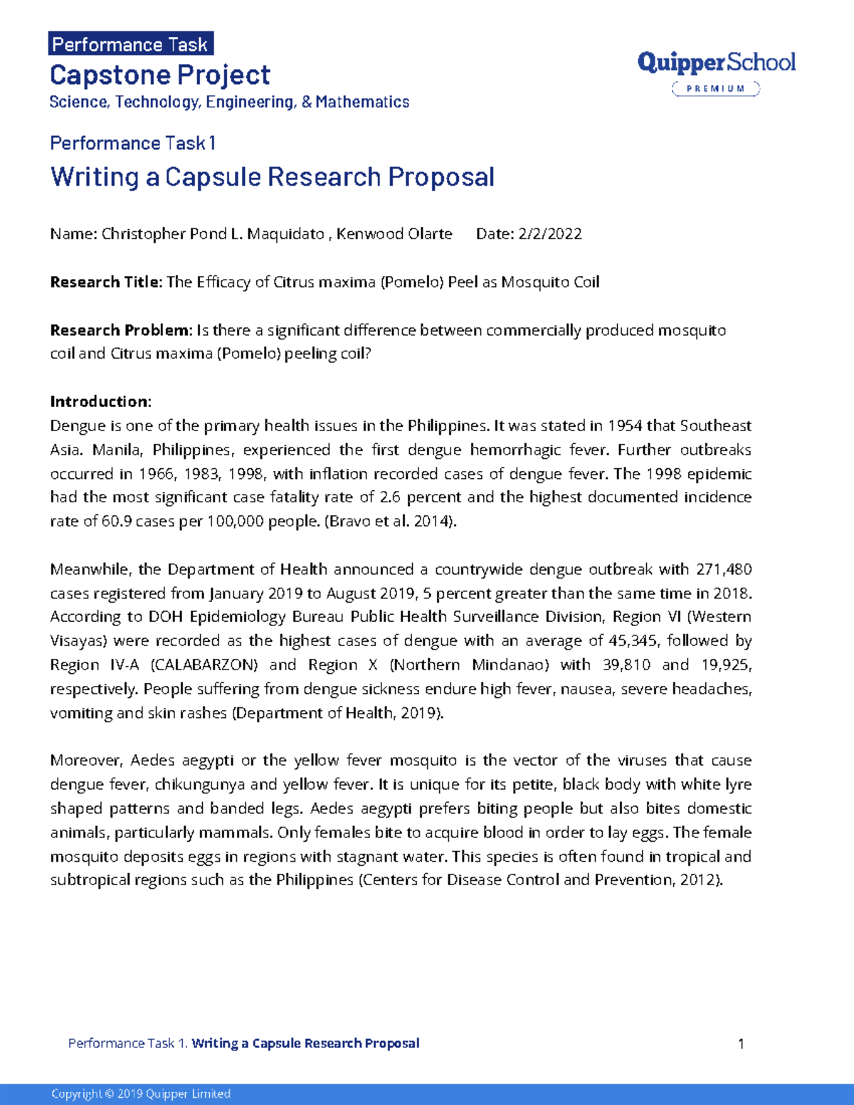 Capsule Proposal for Performance Task 1: Efficacy of Pomelo Peel in ...
