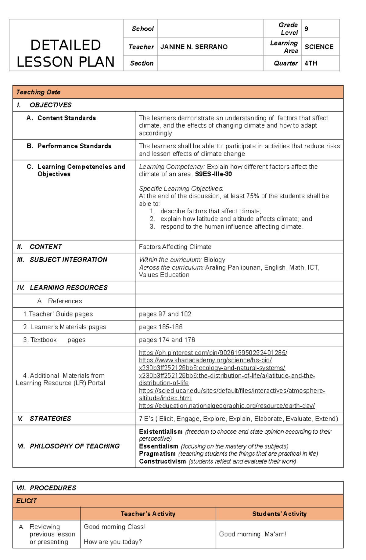 DLP: Detailed Lesson Plan on Climate Factors (Latitude & Altitude ...