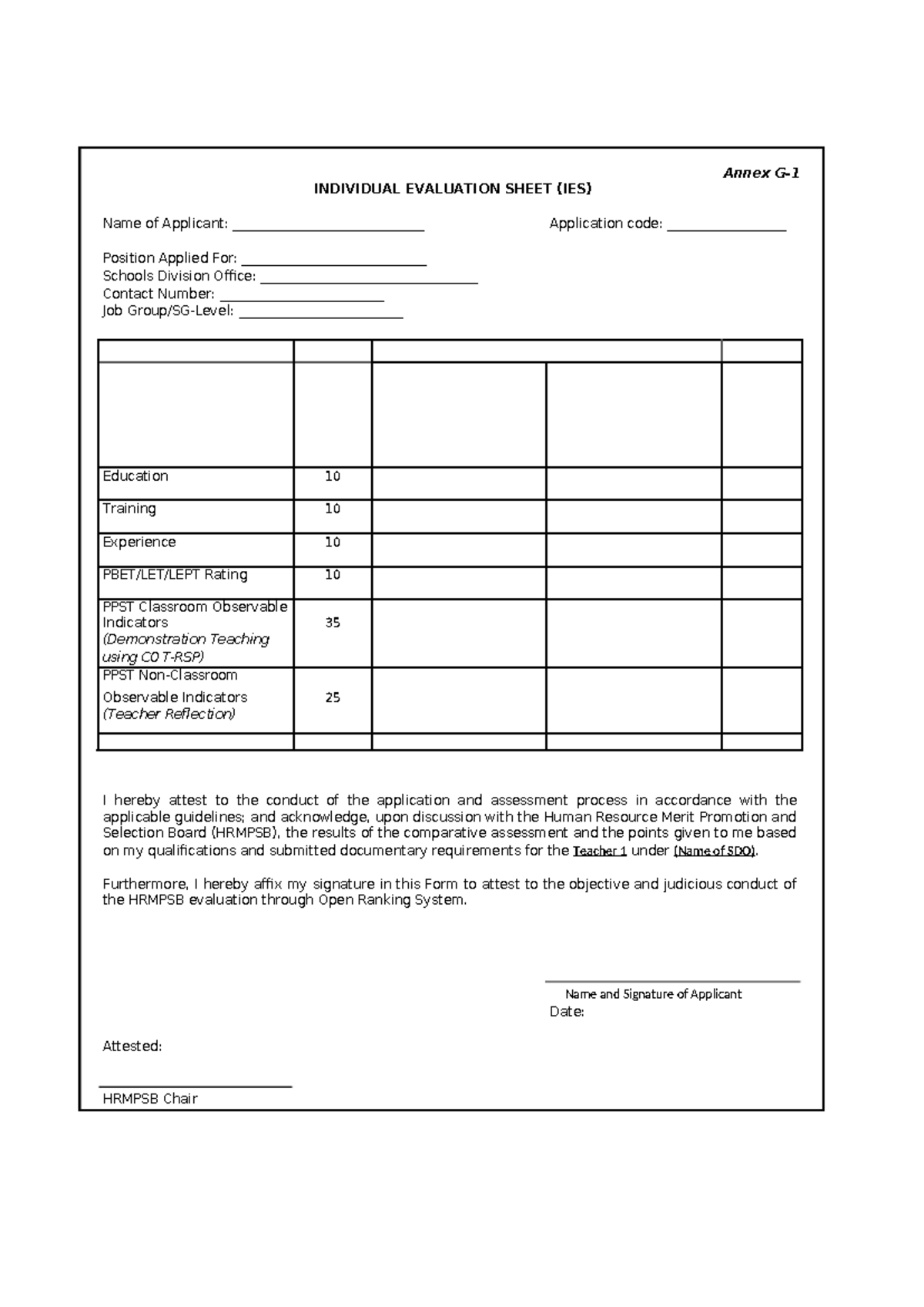651959471 IES Individual Evaluation Sheet for Teacher I Position - Studocu