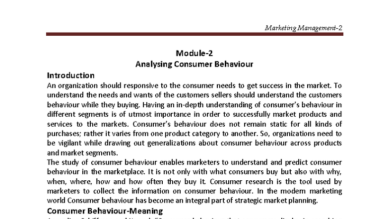 MM-Module-2: Consumer Behaviour Analysis in Marketing Management - Studocu