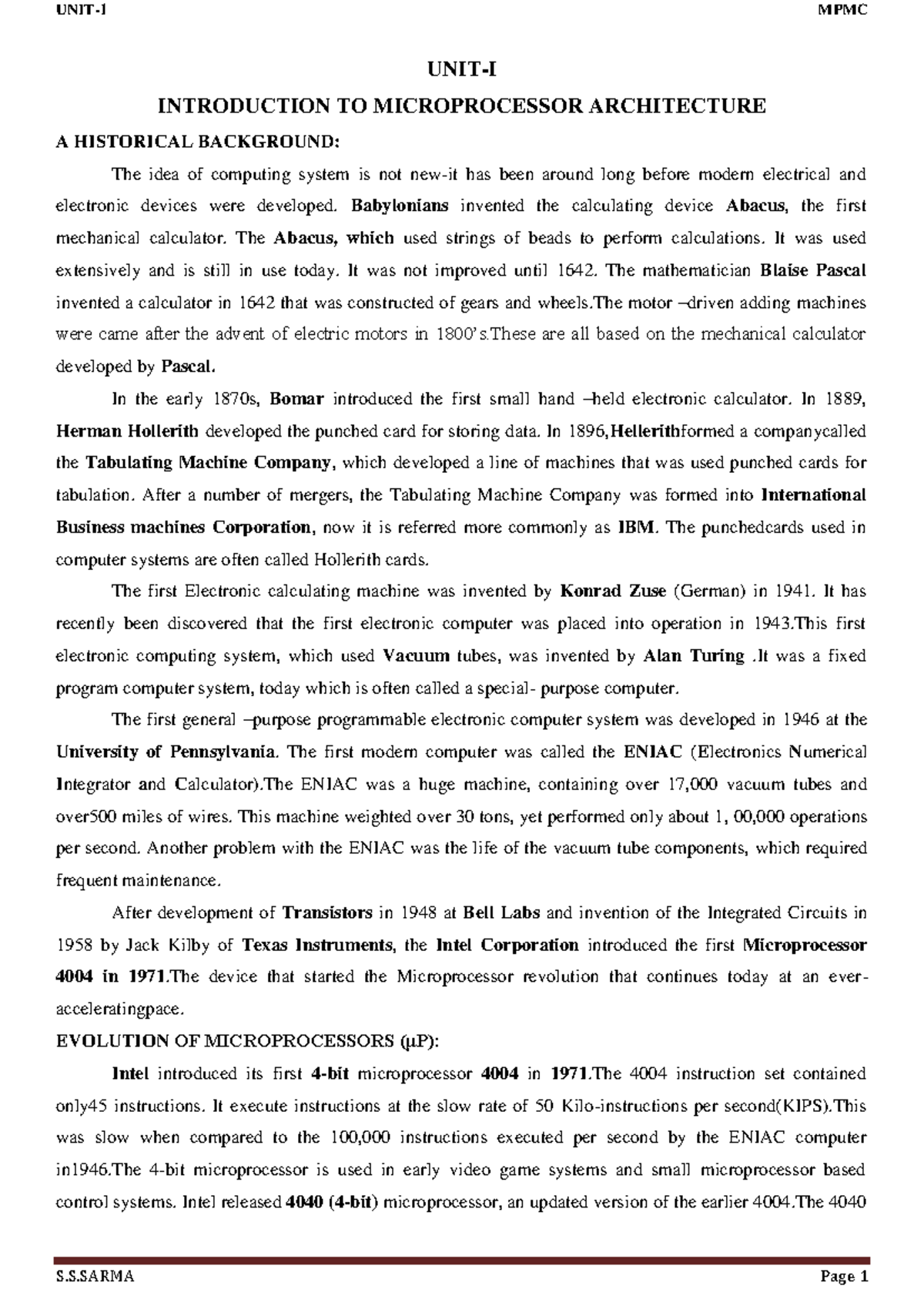 MPMC 1 - MPMC notes - UNIT-I INTRODUCTION TO MICROPROCESSOR ...