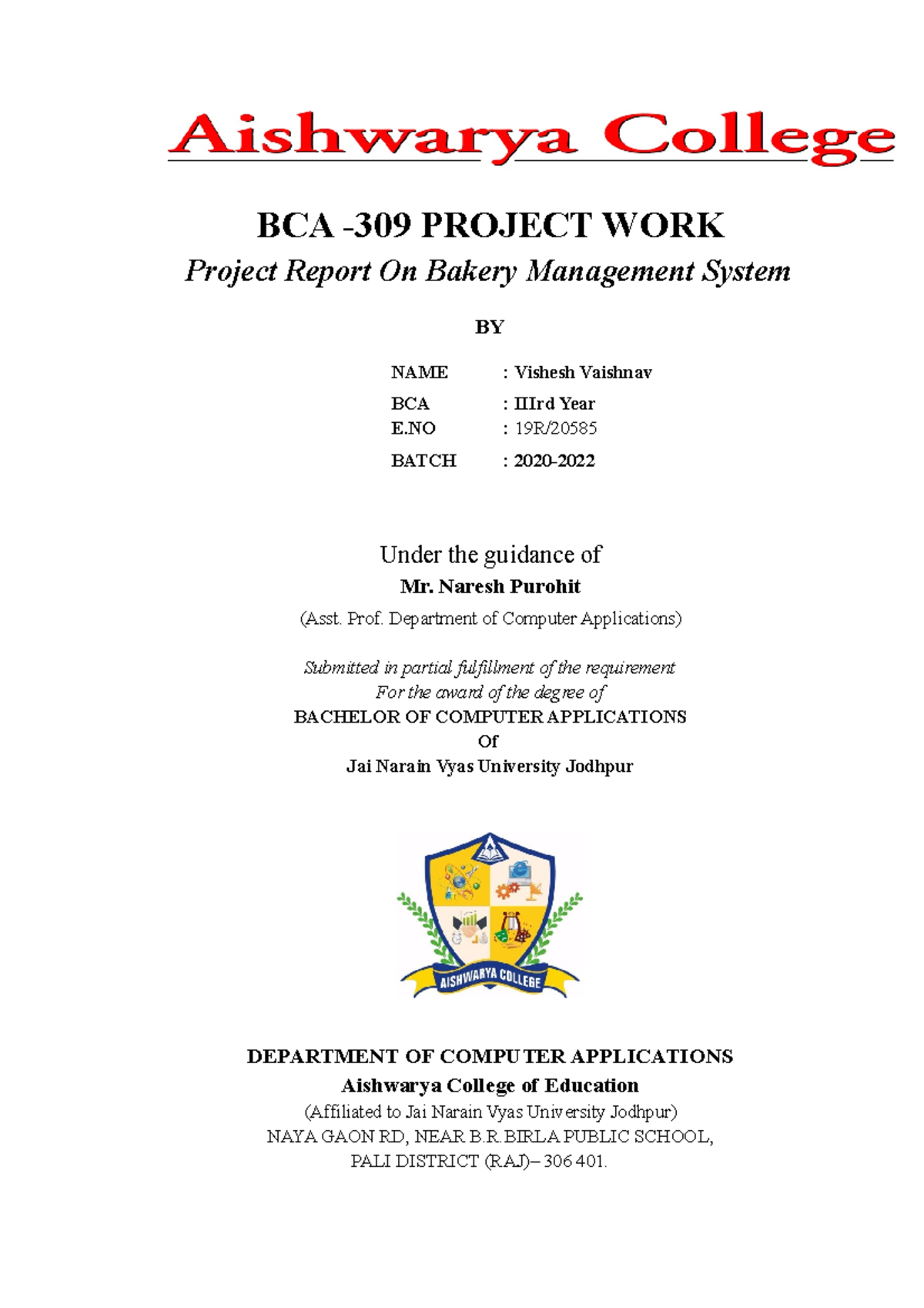 Project Report Vishesh - BCA -309 PROJECT WORK Project Report On Bakery ...