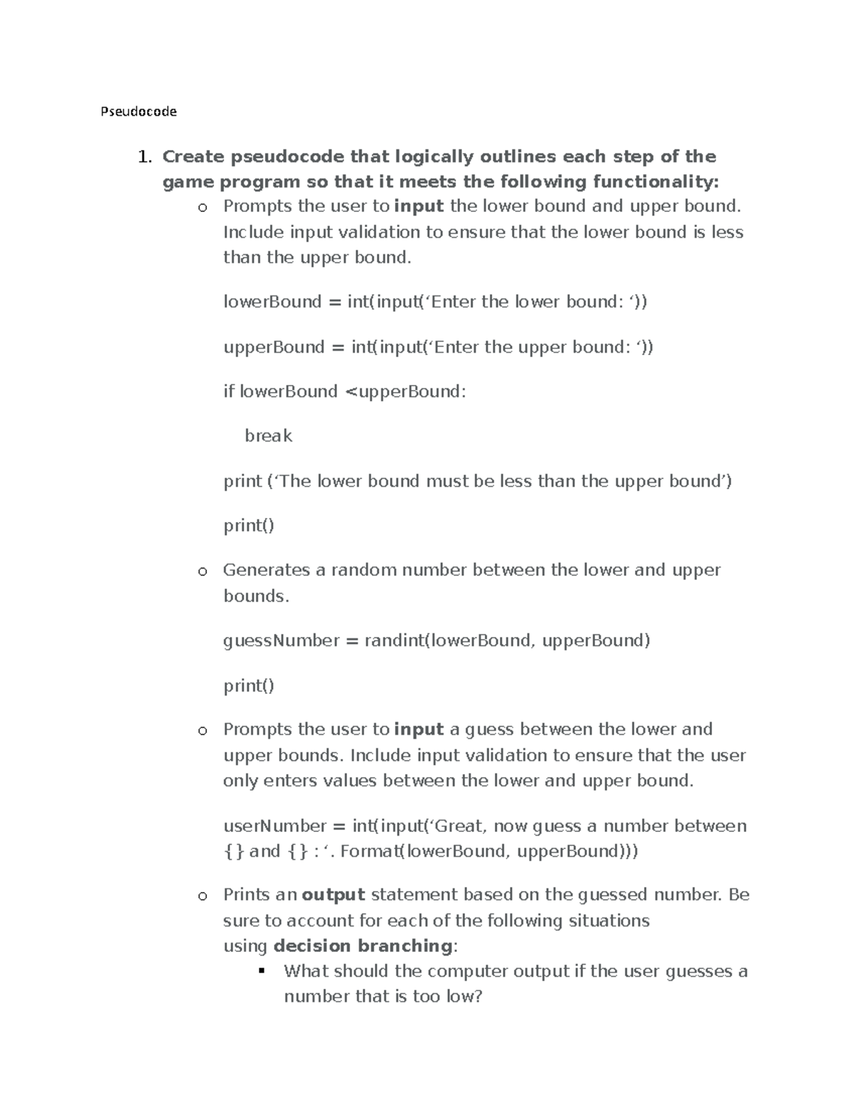 Pseudocode for Game Program Logic & User Input Validation - Studocu