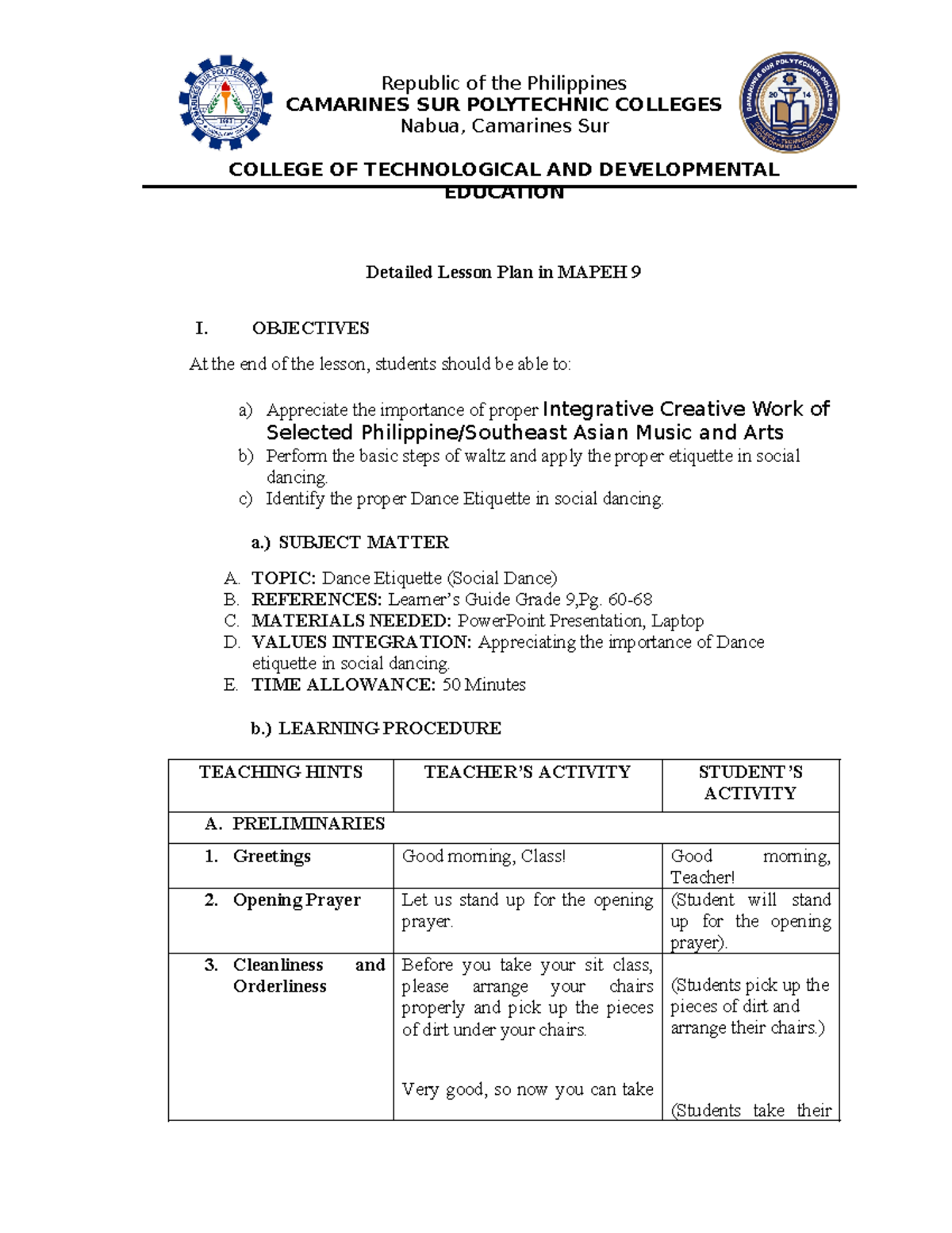Detailed Lesson Plan in MAPEH 9: Social Dance & Dance Mixers - Studocu