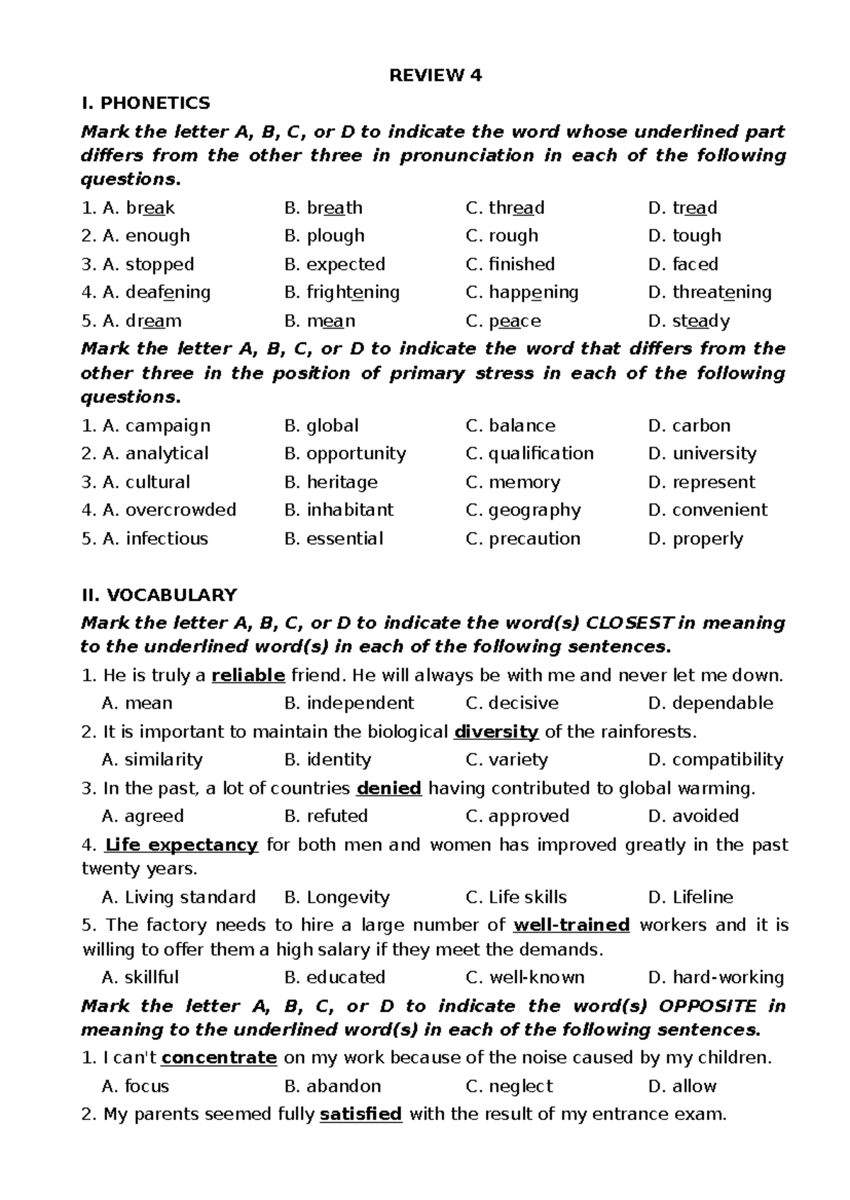 REVIEW 4: PHONETICS & VOCABULARY (Unit 9-10) - Studocu