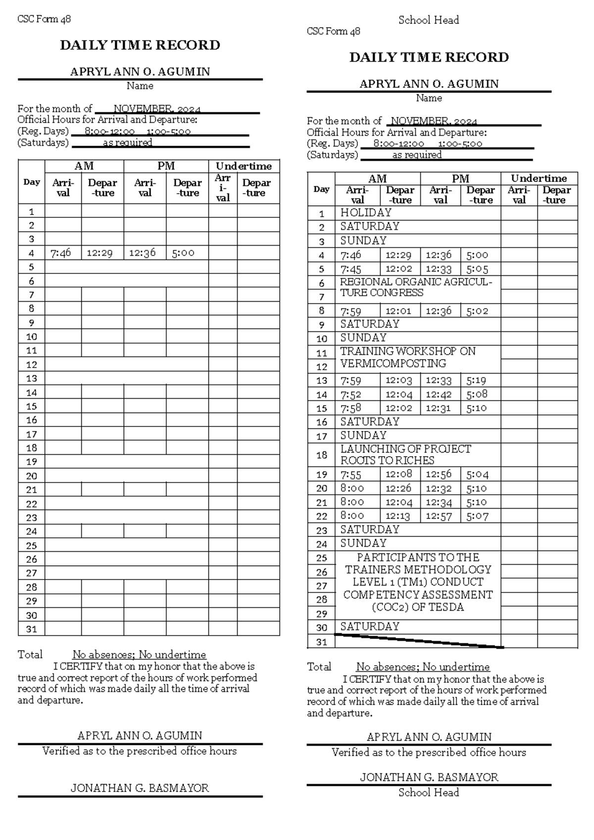 DTR - Daily Time Record - CSC Form 48 DAILY TIME RECORD APRYL ANN O ...