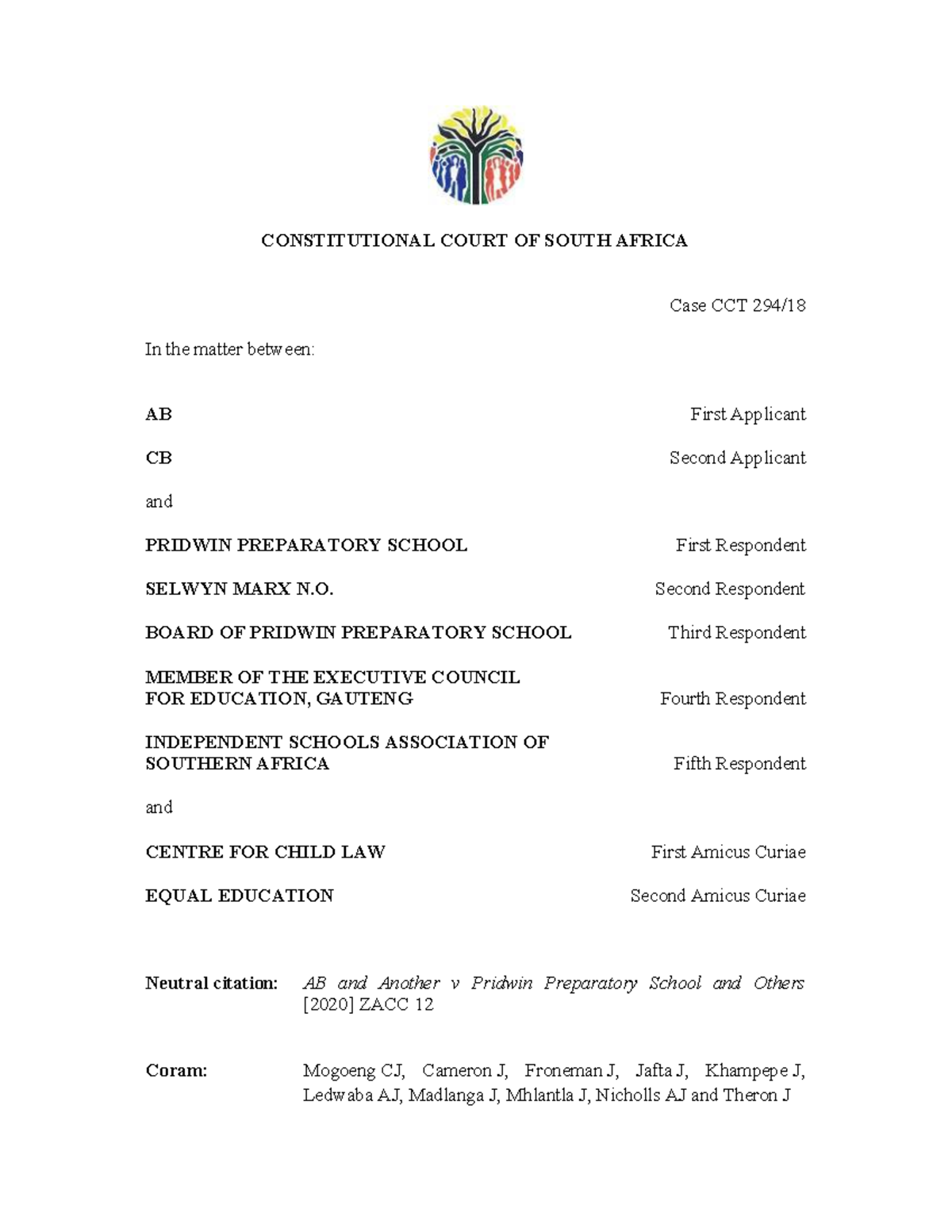 Constitutional Court Case CCT: AB v Pridwin Preparatory School Summary ...