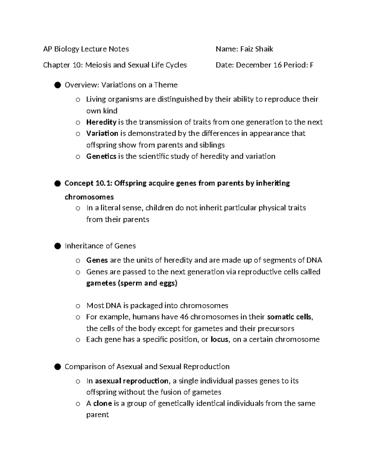 AP Biology Lecture Notes: Chapter 10 - Meiosis & Sexual Life Cycles ...
