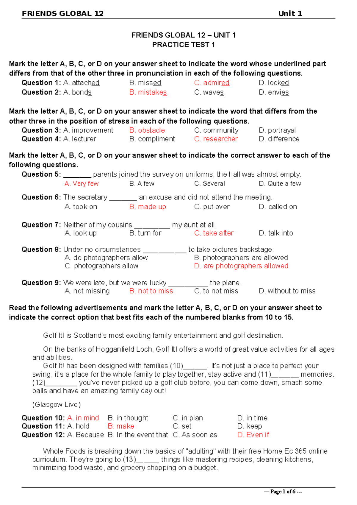 TEST 1 – PRACTICE QUESTIONS FOR FRIENDS GLOBAL 12, UNIT 1 - Studocu