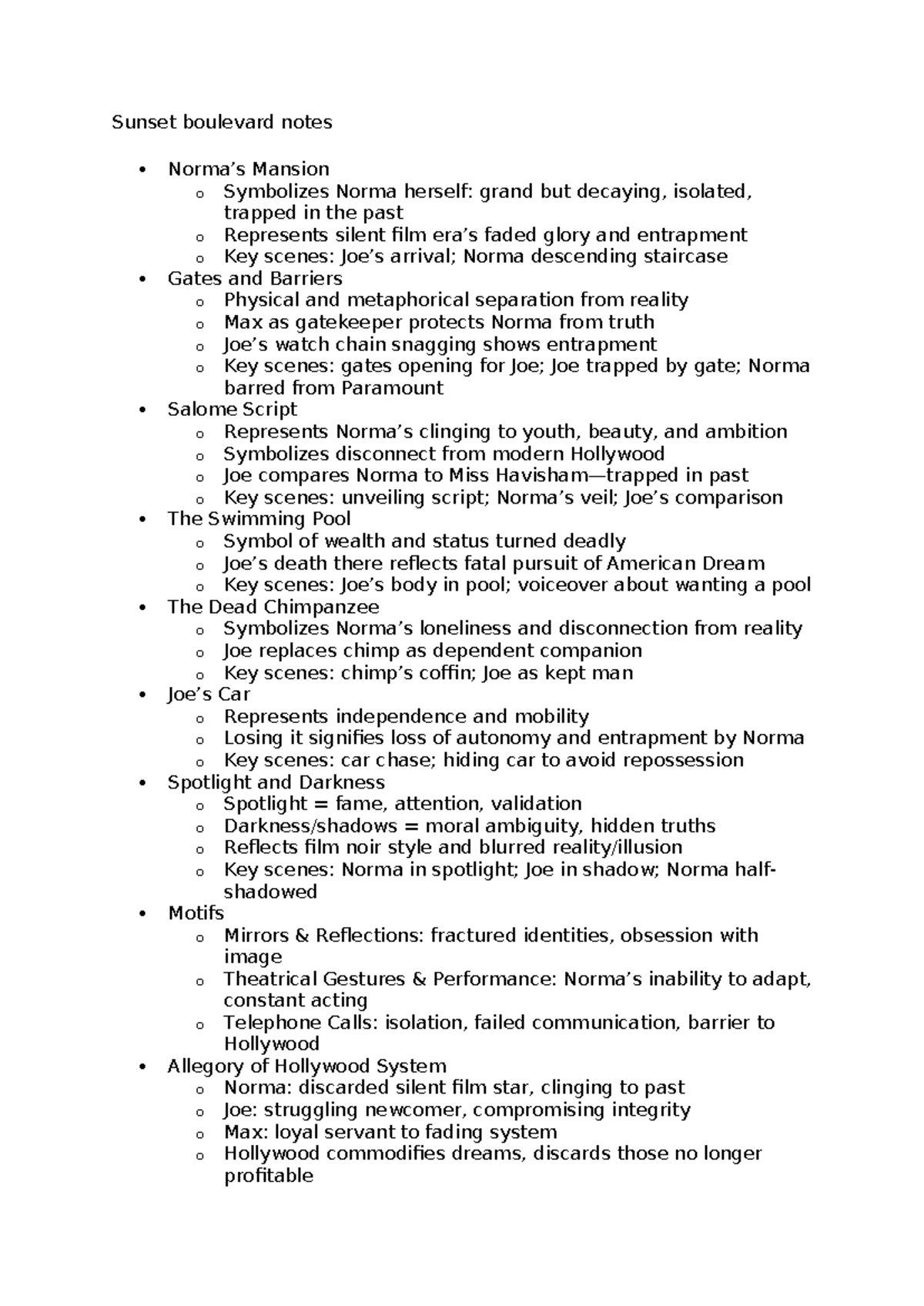 Sunset Boulevard Analysis: Symbols & Themes in Film Noir - Studocu