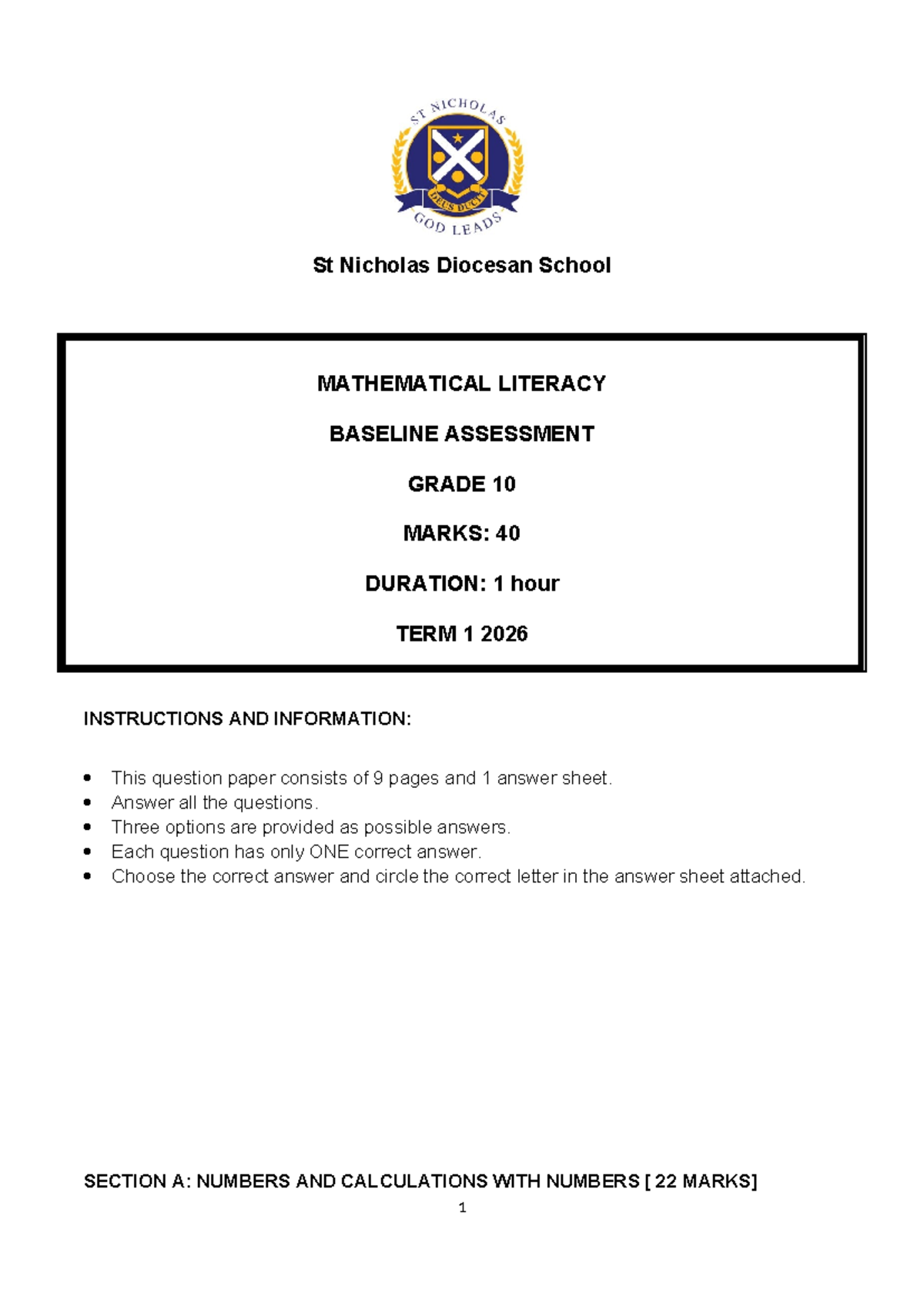 Math Lit Grade 10 Baseline Assessment Term 1 2026 - Studocu