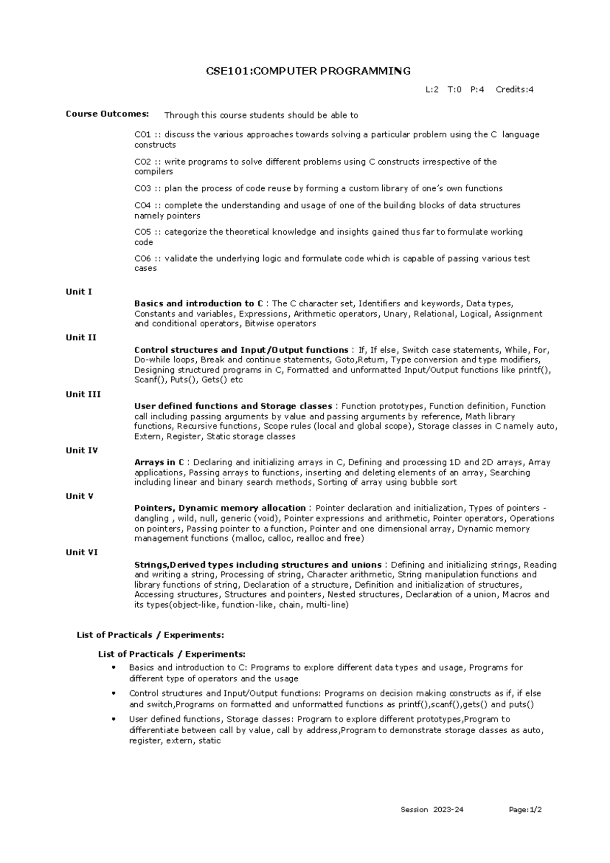 CSE 101: Computer Programming Syllabus and Course Overview - Studocu