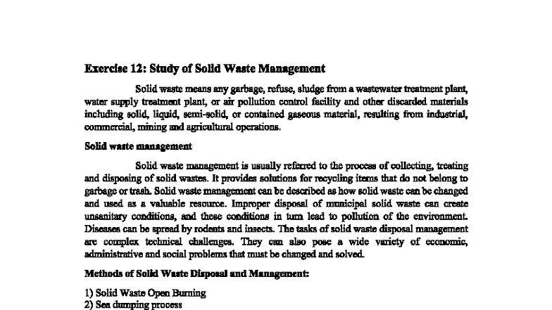 Exercise 12: Solid Waste Management Study - Env Practical 1 - Studocu