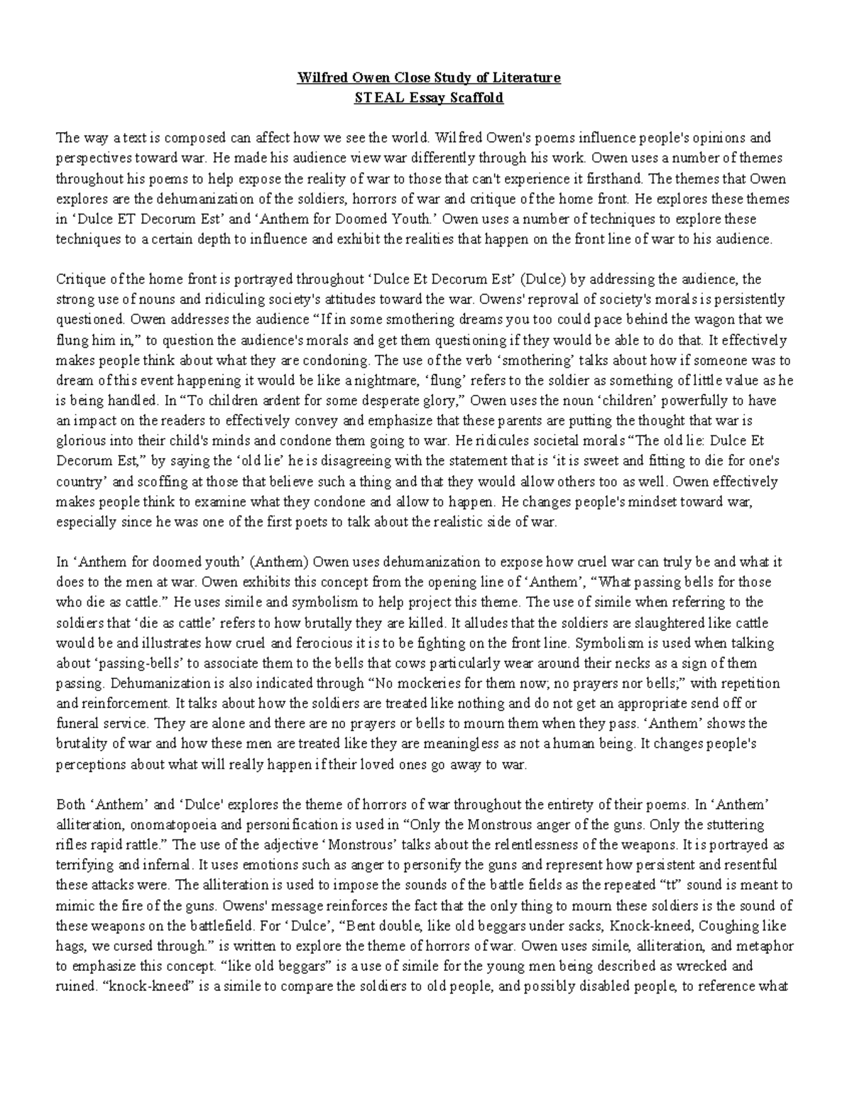 Wilfred Owen: A Close Literary Study of His War Poems (ENG101) - Studocu