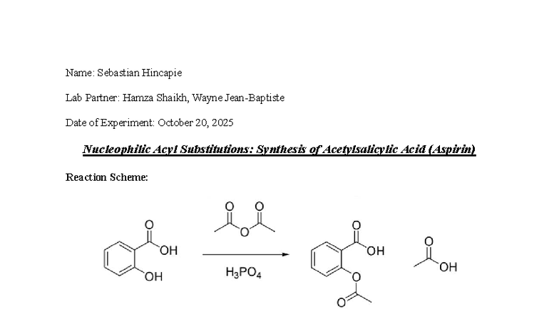 Lab 4: Nucleophilic Acyl Substitutions - Synthesis of Aspirin - Studocu