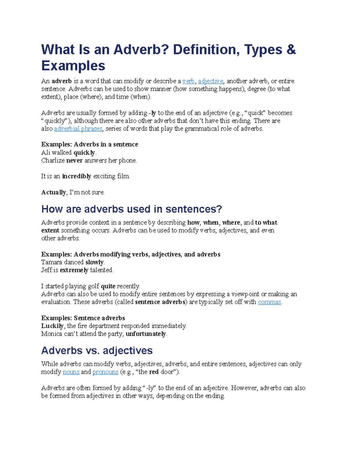 Examples Of Adverbs In A Sentence With Answers