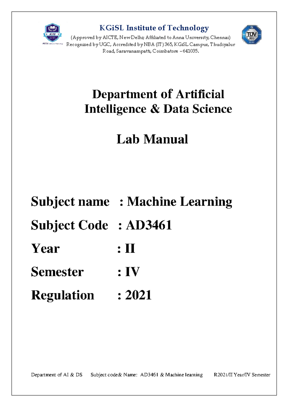AD3461 Machine Learning Lab Manual - II Year, IV Semester R2021 - Studocu