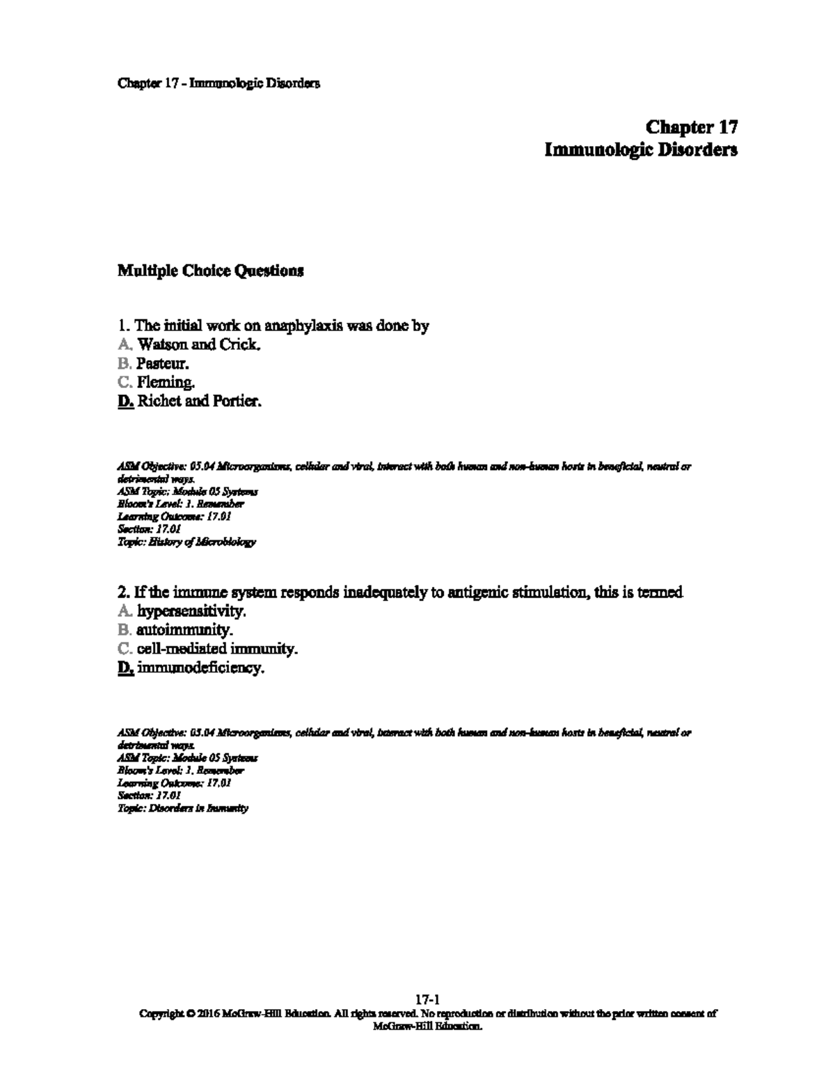 Micro immune disorder quiz bank - Chapter 17 Immunologic Disorders ...