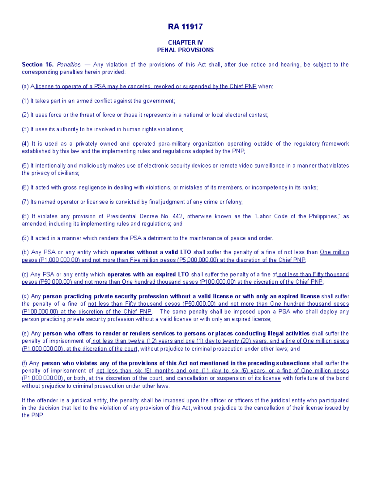 Penalties Imposed on Private Security Guards Under RA 11917 - Studocu