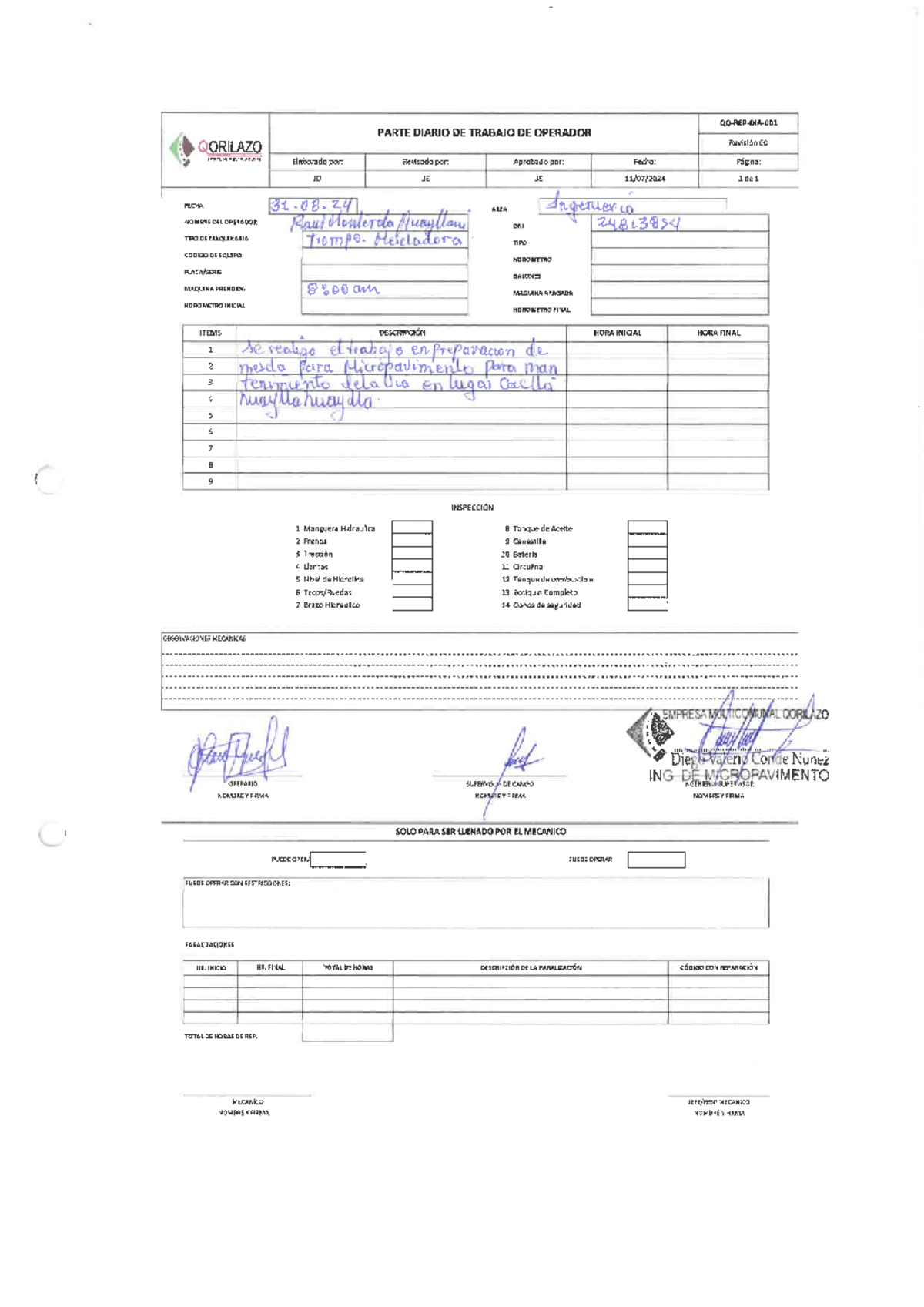 QO-REP-DIA-001 Diario de Trabajo de Operador - Trompo Mezcladora - Studocu
