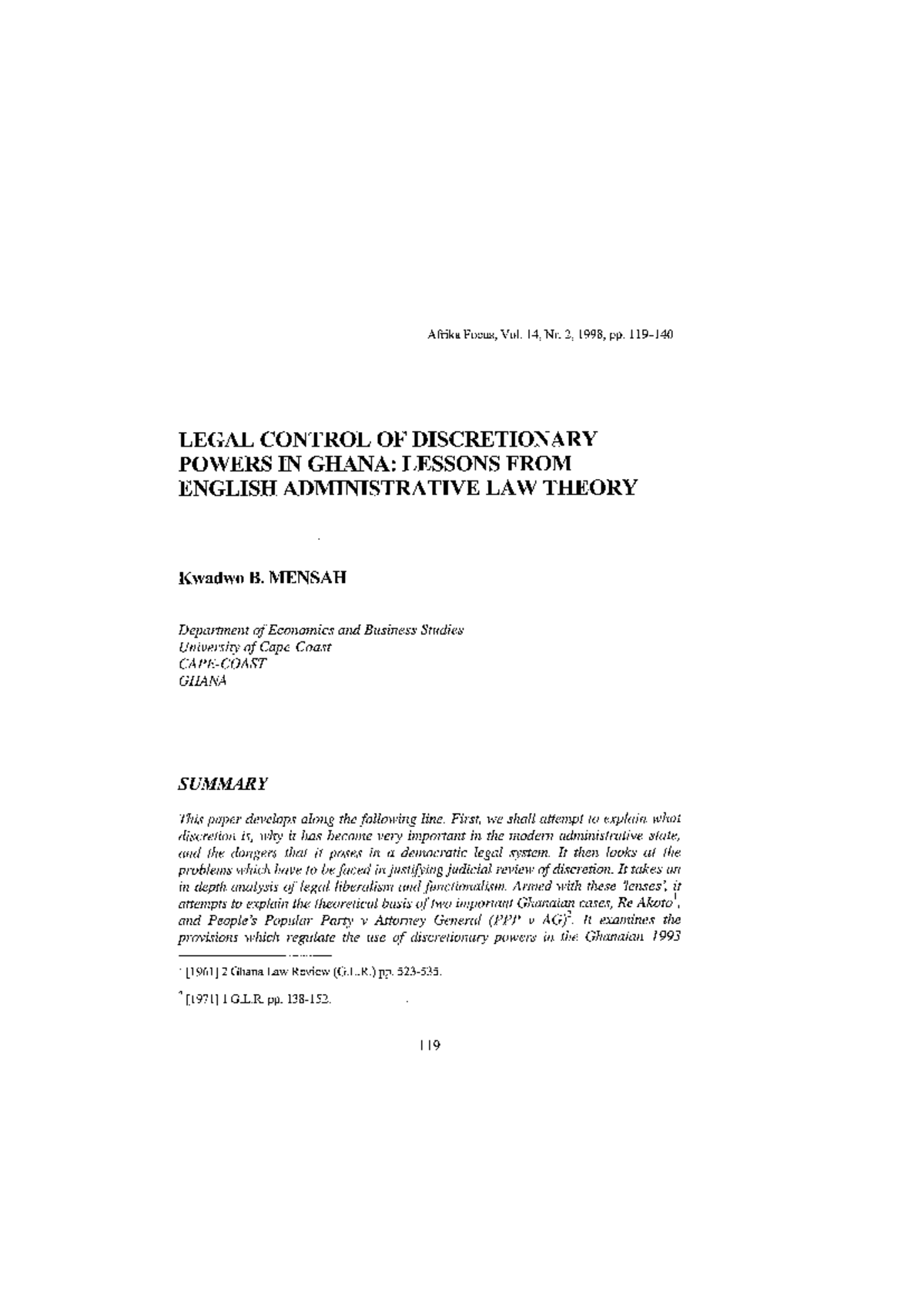 Legal Control of Discretionary Powers in Ghana: Insights from English ...