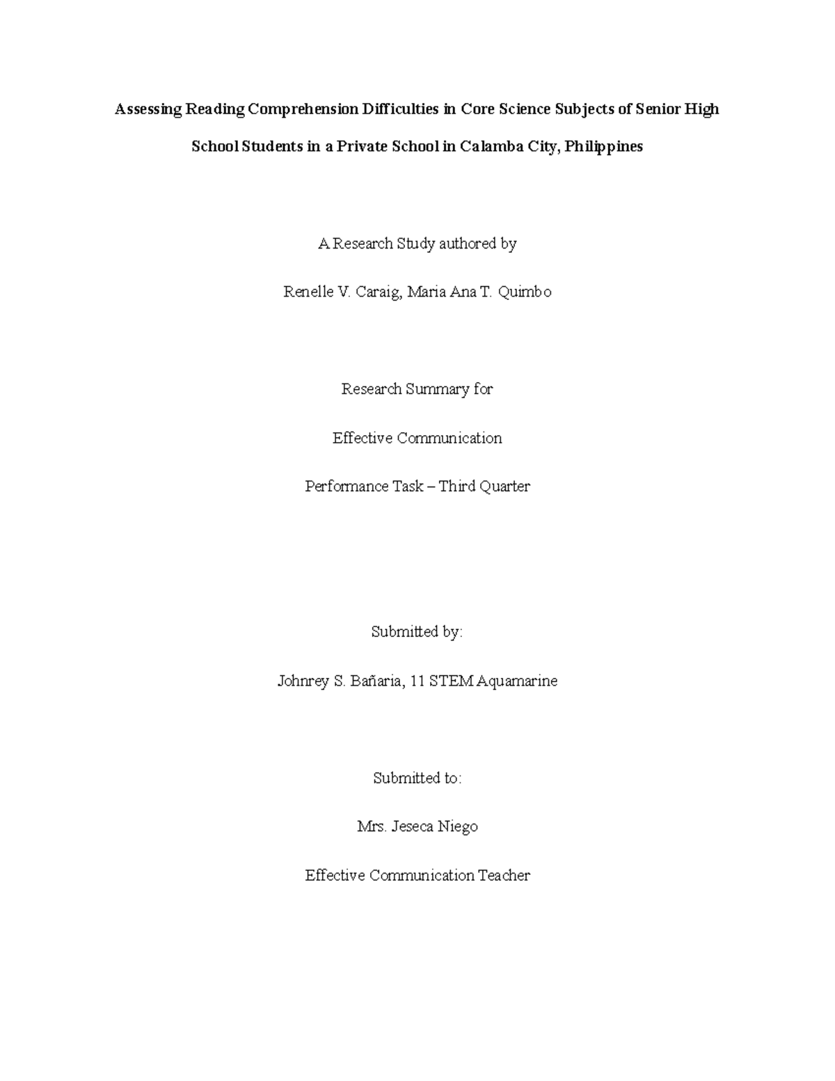 Assessing Reading Comprehension in Core Science Subjects: Research ...