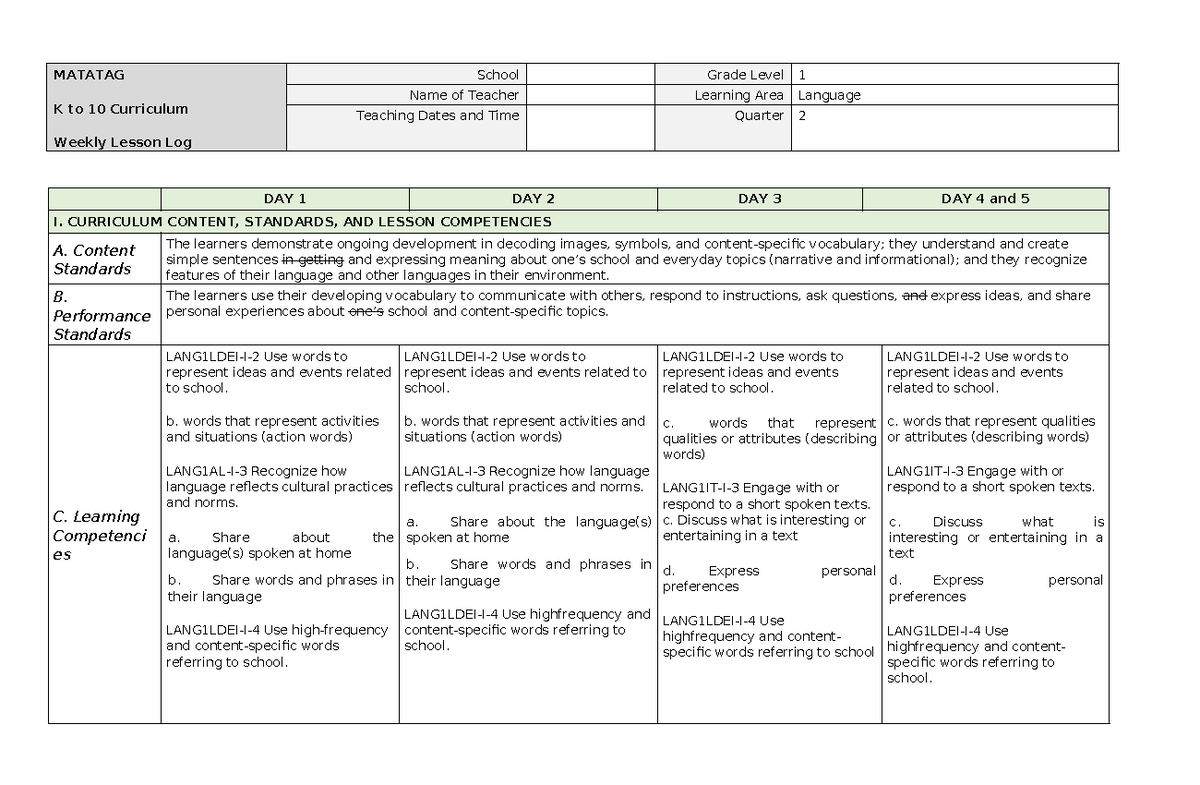 Language 1 Q2 Wk 4 - Weekly Lesson Log for Grade 2 - Studocu