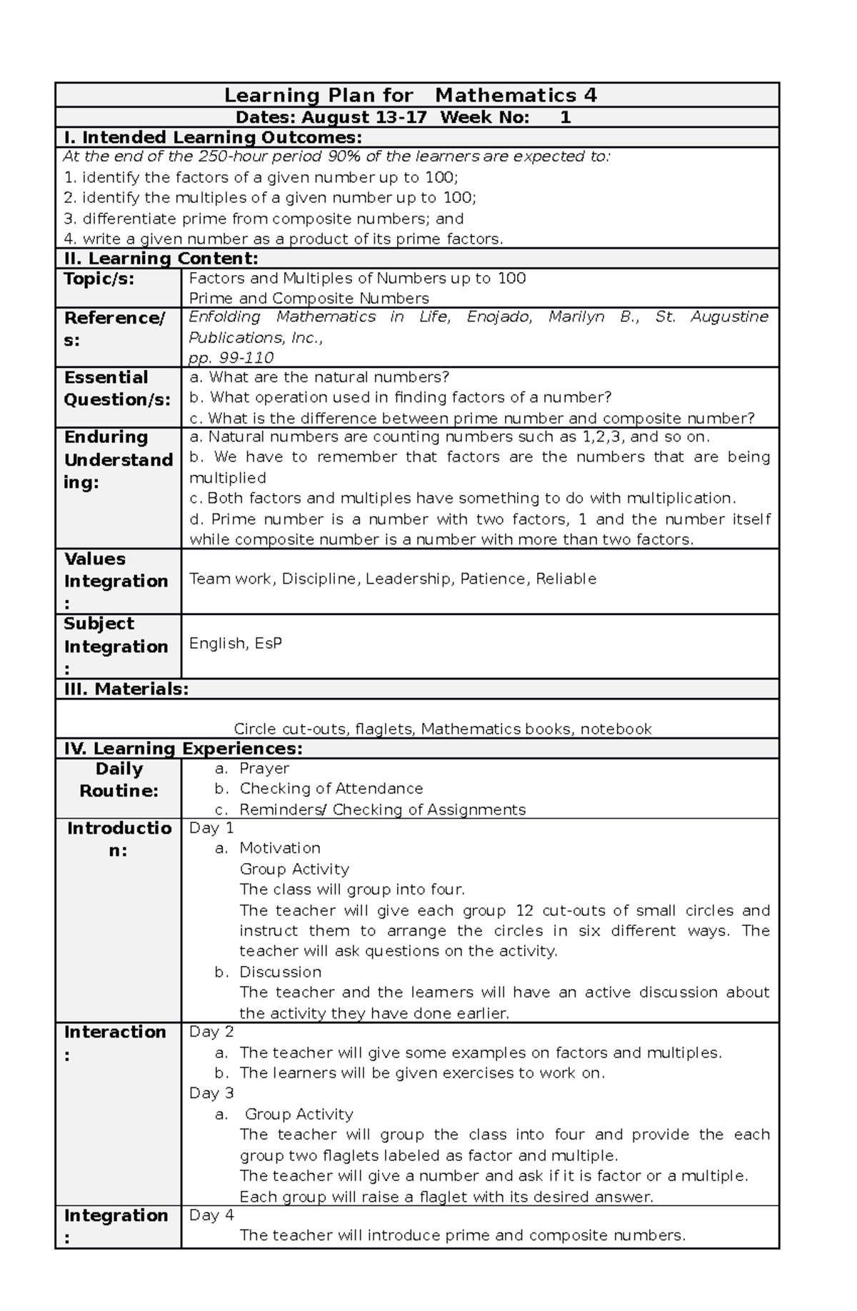 LP 4-MATH Week 1 - Lesson Plan on Factors & Multiples - Studocu