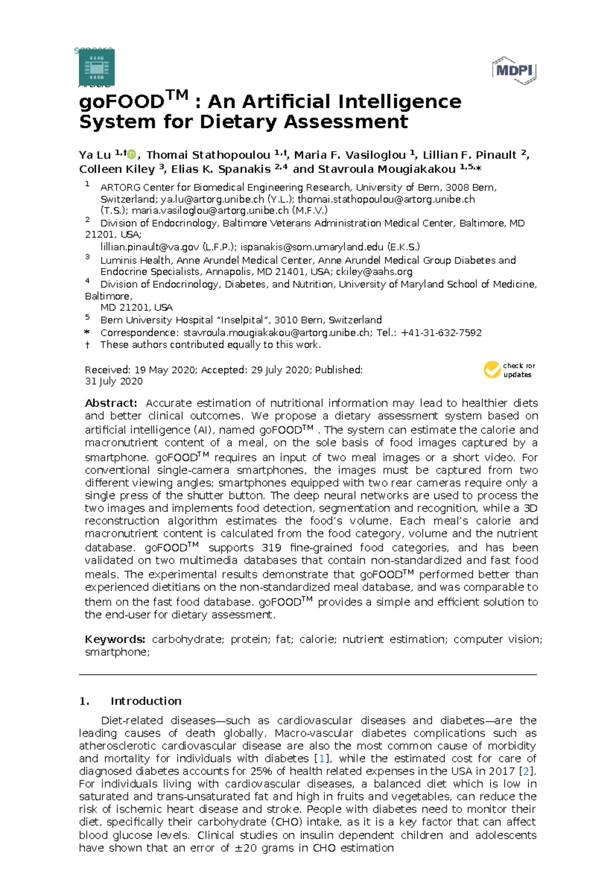 GoFOODTM: AI-Based Dietary Assessment System for Nutritional Analysis ...