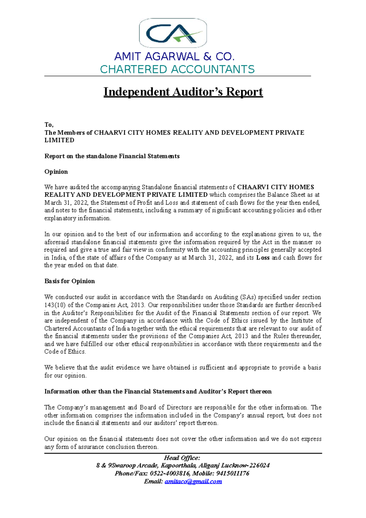 Independent Auditor Report for CHAARVI CITY HOMES PVT. LTD. - Studocu