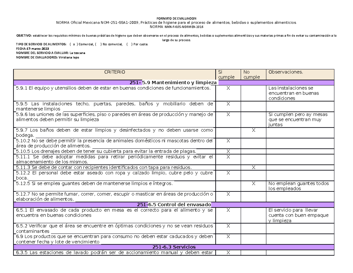 Formato-251-Y-605 - Norma 251 y 605 - FORMATO DE EVALUACION NORMA ...