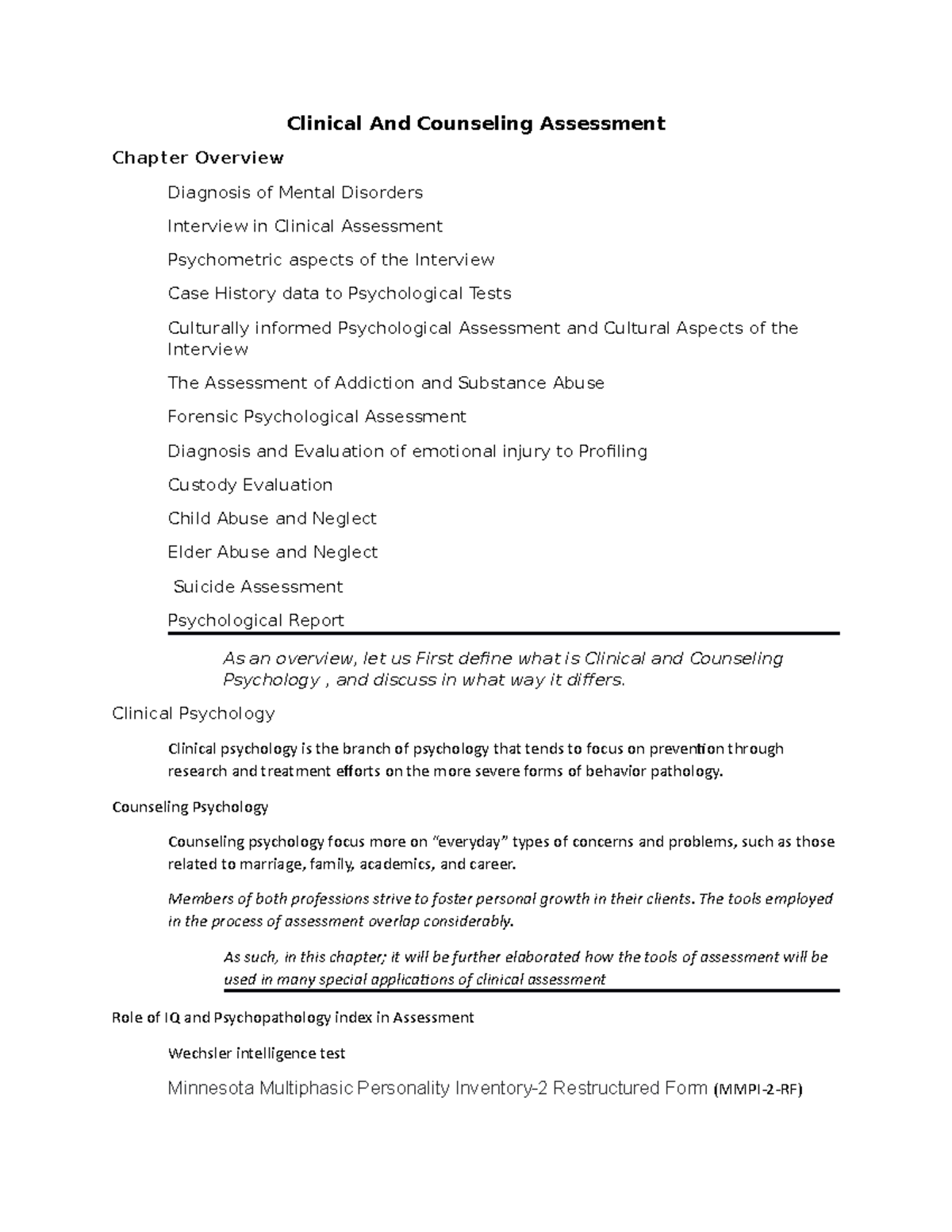 Clinical And Counseling Assessment - Clinical And Counseling Assessment ...