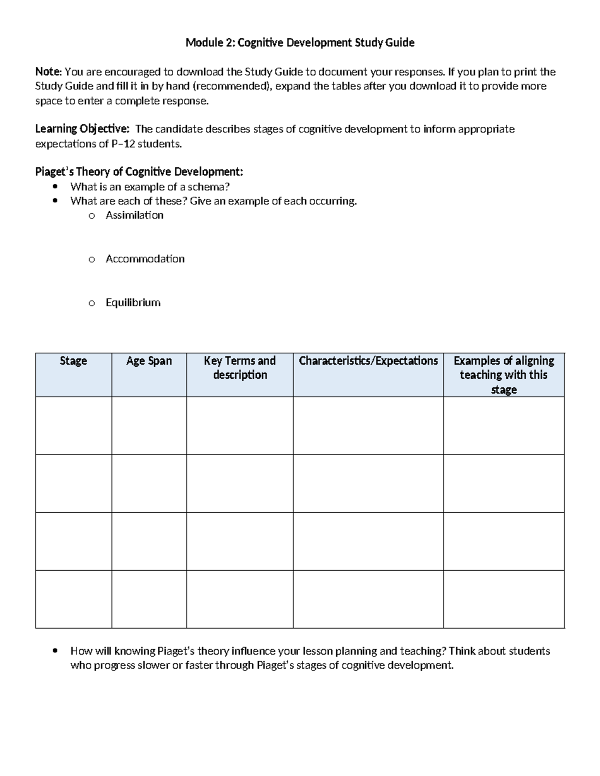D094 d307 m2 study guide - Module 2: Cognitive Development Study Guide Note: You are encouraged ...