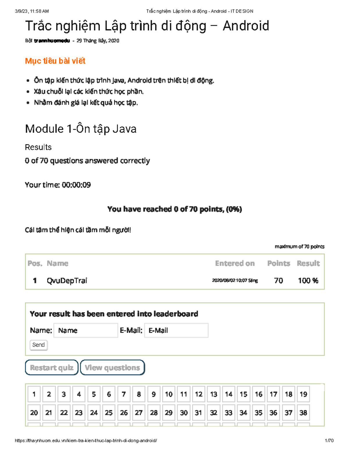 Trắc nghiệm Lập trình Di động - Android: Ôn Tập Kiến Thức Java - Studocu