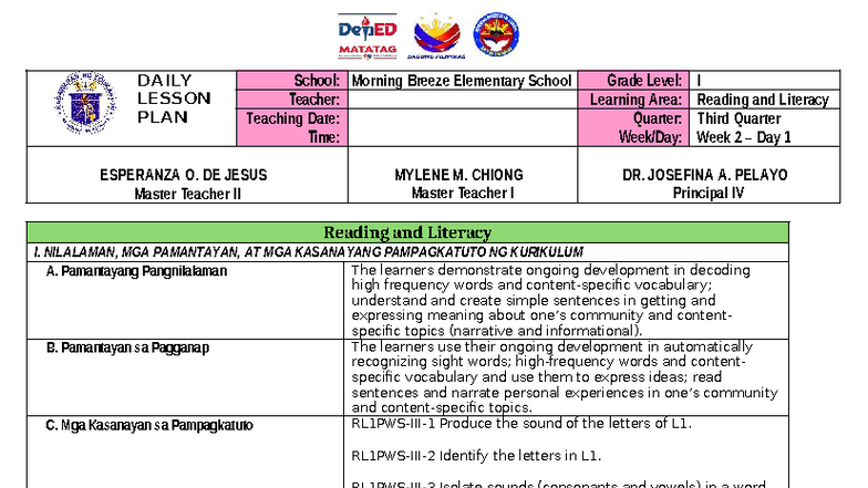 DLP RL1 Q3 W2: Daily Lesson Plan for Reading and Literacy - Studocu