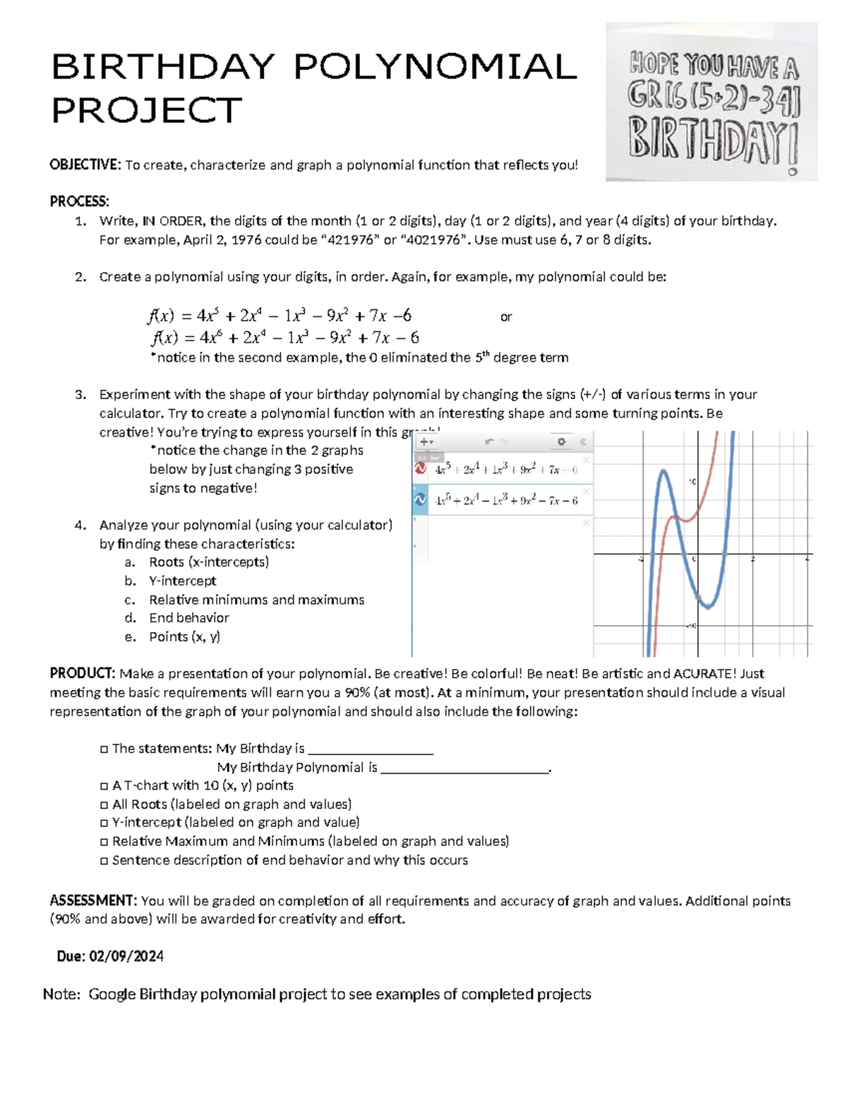 Polynomial Project: Creating Your Birthday Polynomial Function - Studocu