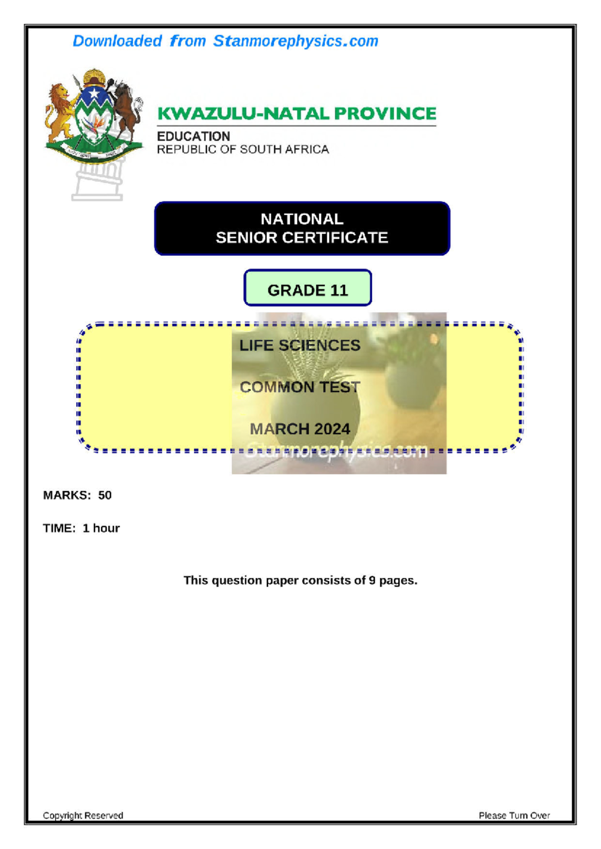 KZN Life Sciences Grade 11 March 2024 Common Test QP & Memo - Studocu
