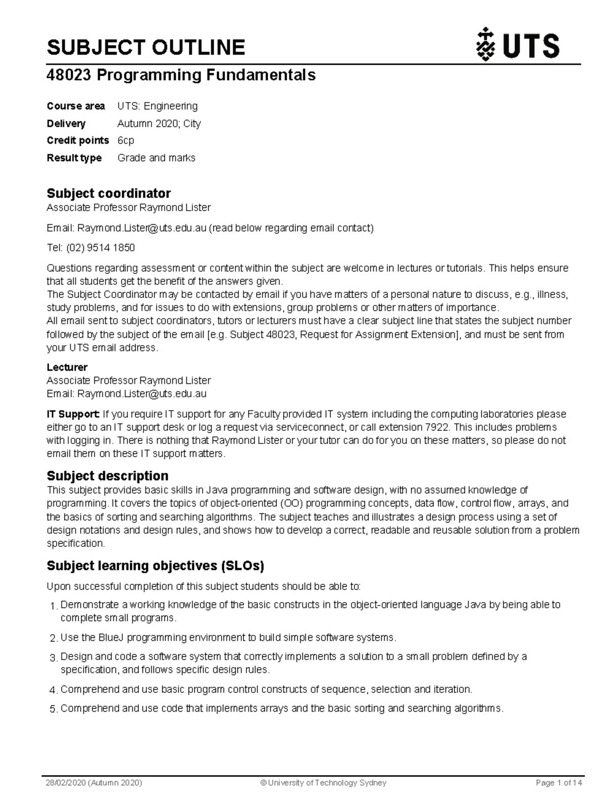 Programming Fundamentals Outline - 1 2 3 4 SUBJECT OUTLINE 48023 ...