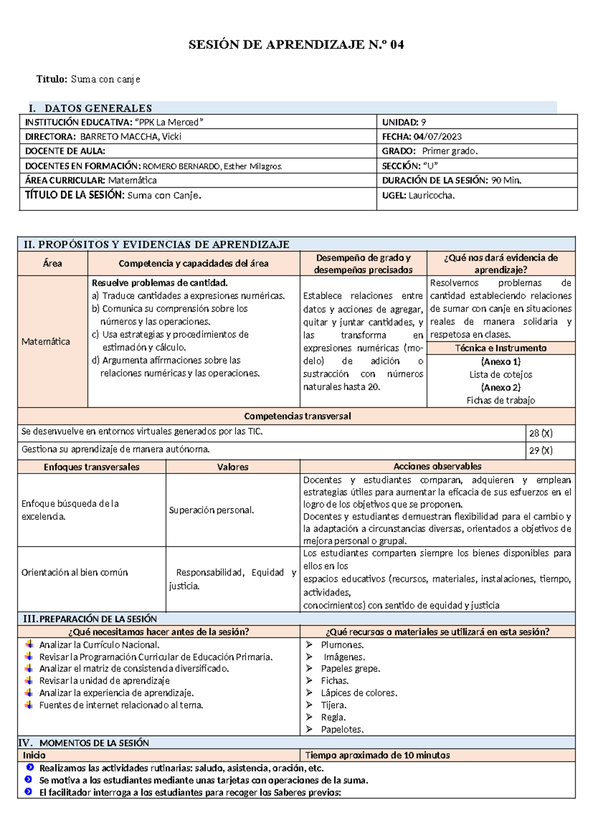 SESION DE APRENDIZAJE N.º 04: Suma con Canje - Matemática 1° Grado ...
