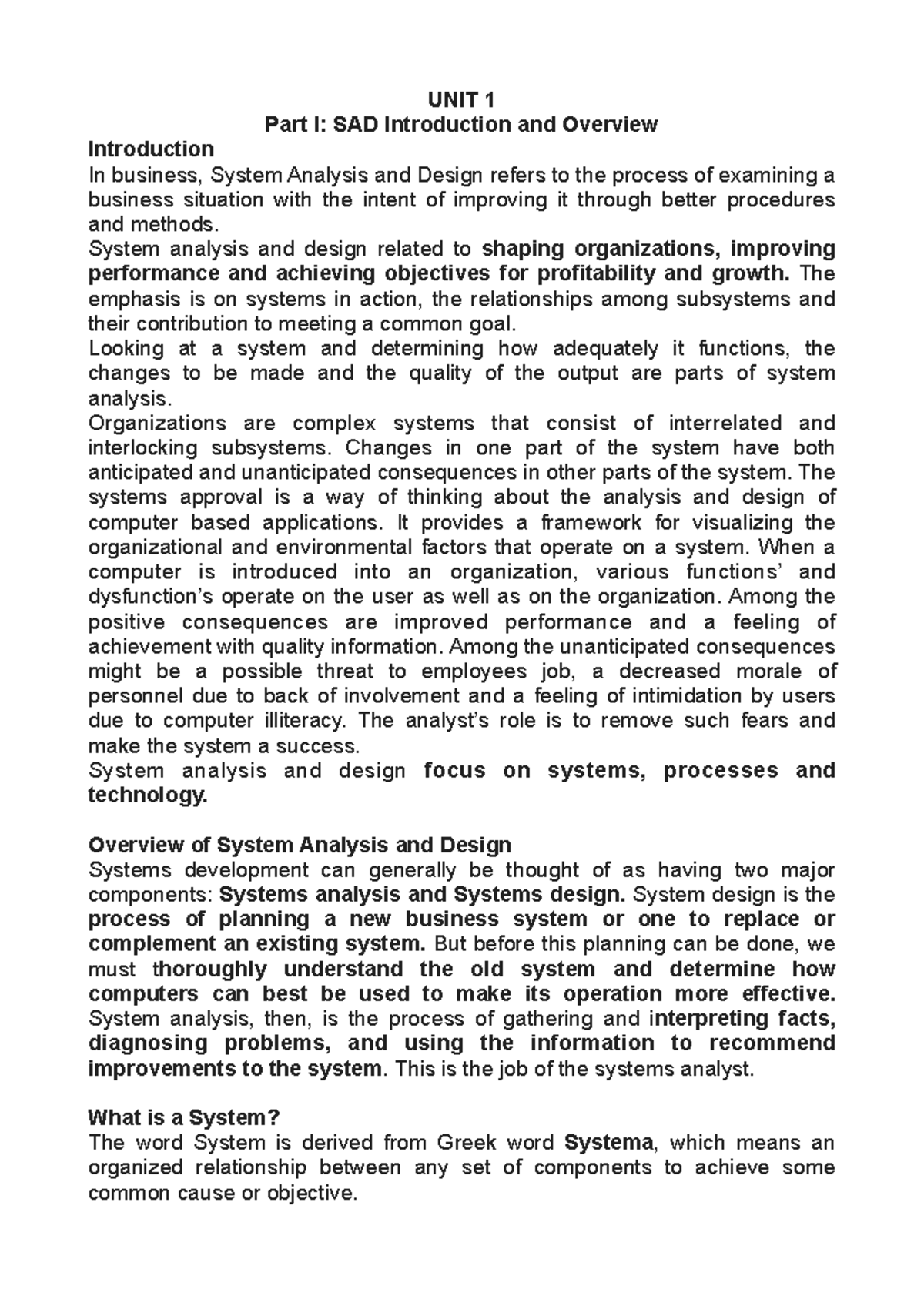 Unit 1 - Overview and Concepts of System Analysis & Design - Studocu
