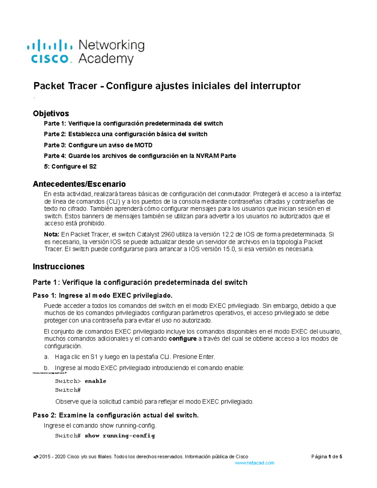 Taller 4: Configuración Inicial del Interruptor en Packet Tracer - Studocu