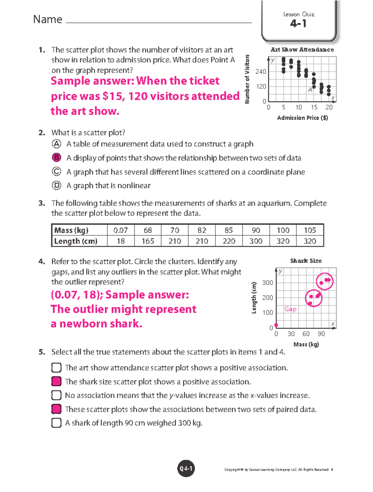4-1 Lesson Quiz Answer Key: Art Show & Shark Size Scatter Plots - Studocu