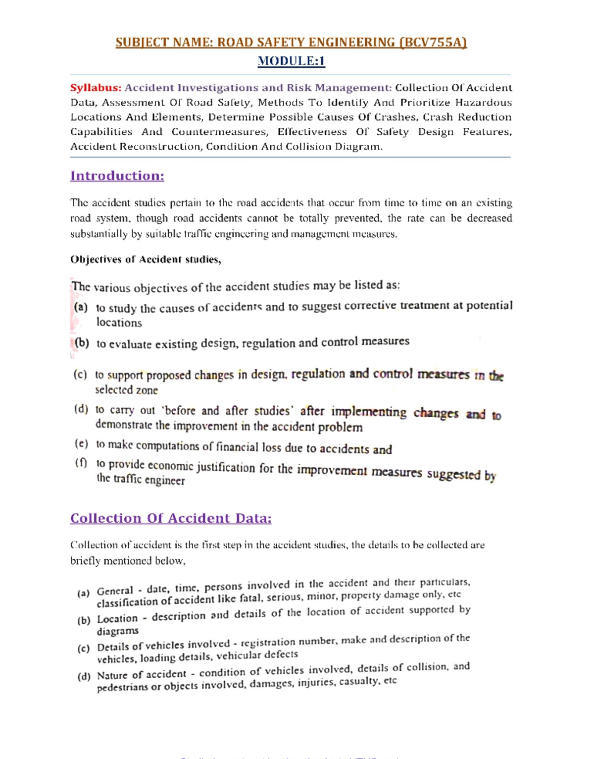 BCV755A - Road Safety Engineering Module 1: Accident Data & Risk ...