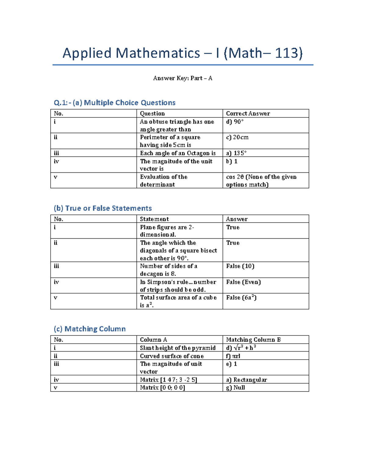 Applied Mathematics I (113) Answer Key: MCQs & True/False Statements ...