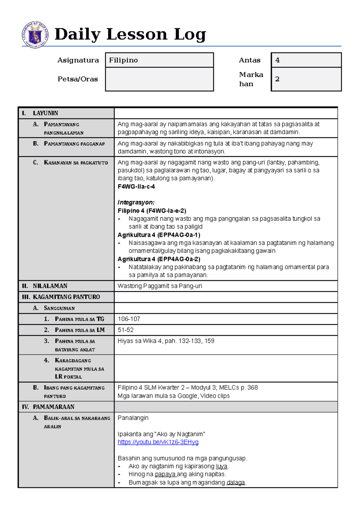 Filipino 4 Daily Lesson Log: Wastong Paggamit ng Pang-uri - Studocu