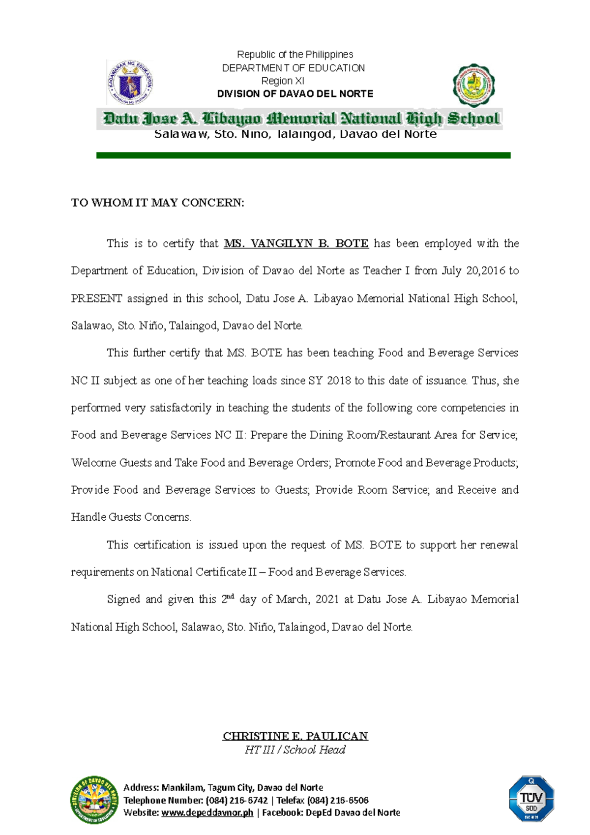 NC II Certification of Employment for Ms. Vangilyn B. Bote - Studocu