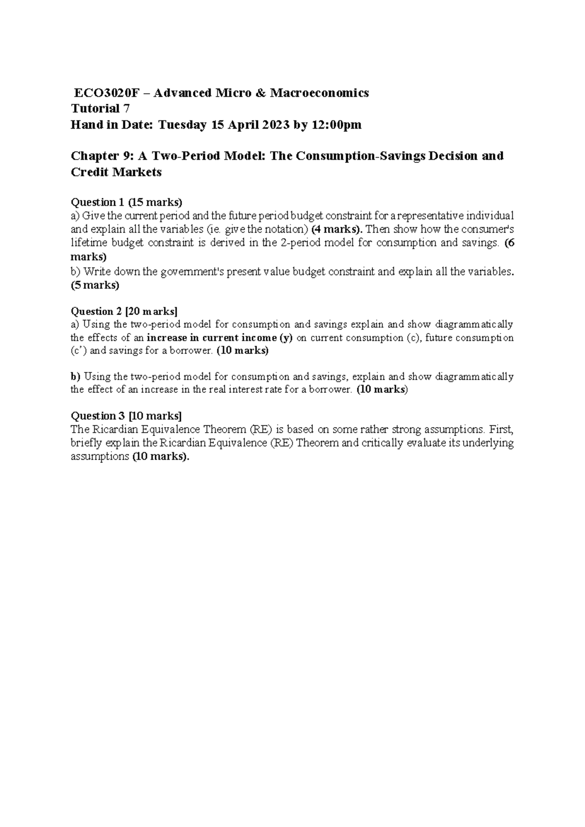 ECO3020F Advanced Micro & Macro Economics Tutorial 7 Notes - Studocu
